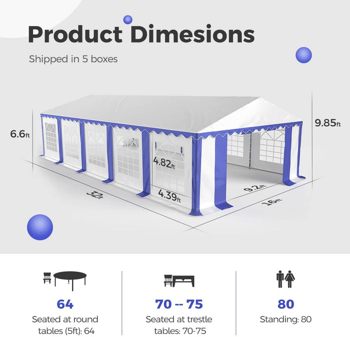 Quictent 16x32 Heavy Duty Tent, Frame Party Tent, Stripe Blue & White